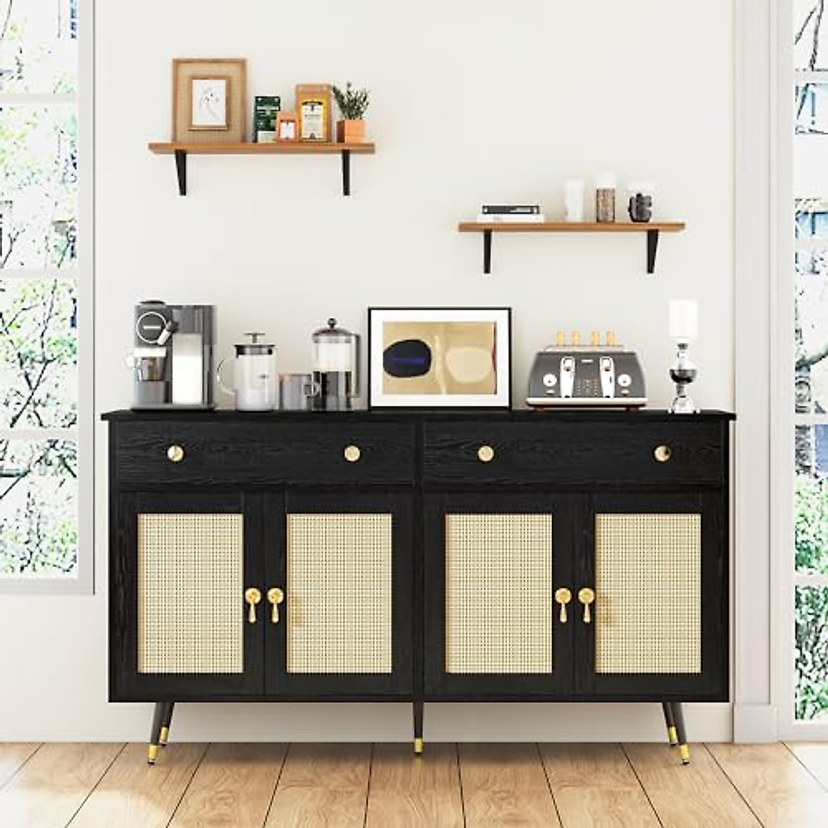 Buffet Cabinet with Storage, 55” Black Kitchen Cabinet with 4 Handmade Natural Rattan Doors, Black Sideboard Storage Cabinet with 2 Drawers for Dining Living Room