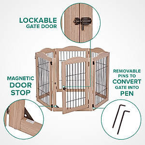 Arf Pets Freestanding Dog Gate with Door, 6 Panel 360° configurable Wooden Wire Fence, 132" Wide, 31.5" Tall, Foldable, Five Support Feet Included, for The House - Indoor Use