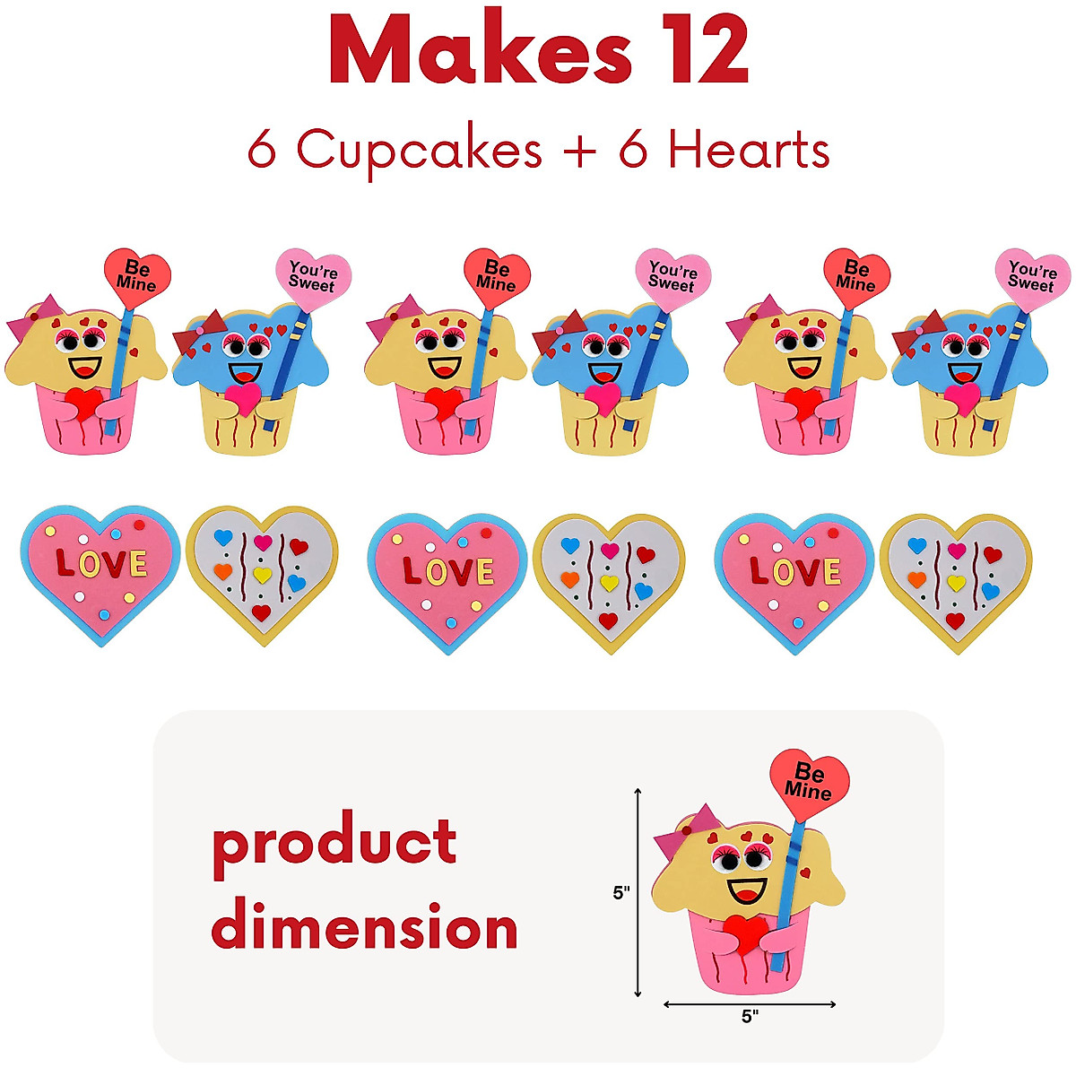 4E's Novelty Valentines Crafts for Kids Foam (Makes 12) Magnet Cupcake & Heart Cookie Kit Valentines Day Crafts for Kids Bulk for Classroom Home Activity