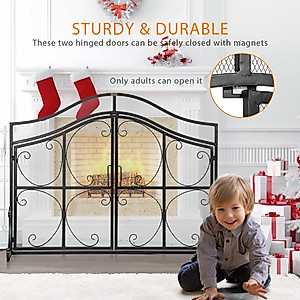 VIVOHOME 43.3 x 34 Inch Wrought Iron Fireplace Screen with Doors Metal Decorative Mesh Fire Spark Large Flat Guard Gate Cover Fireplace Barrier Panels Black