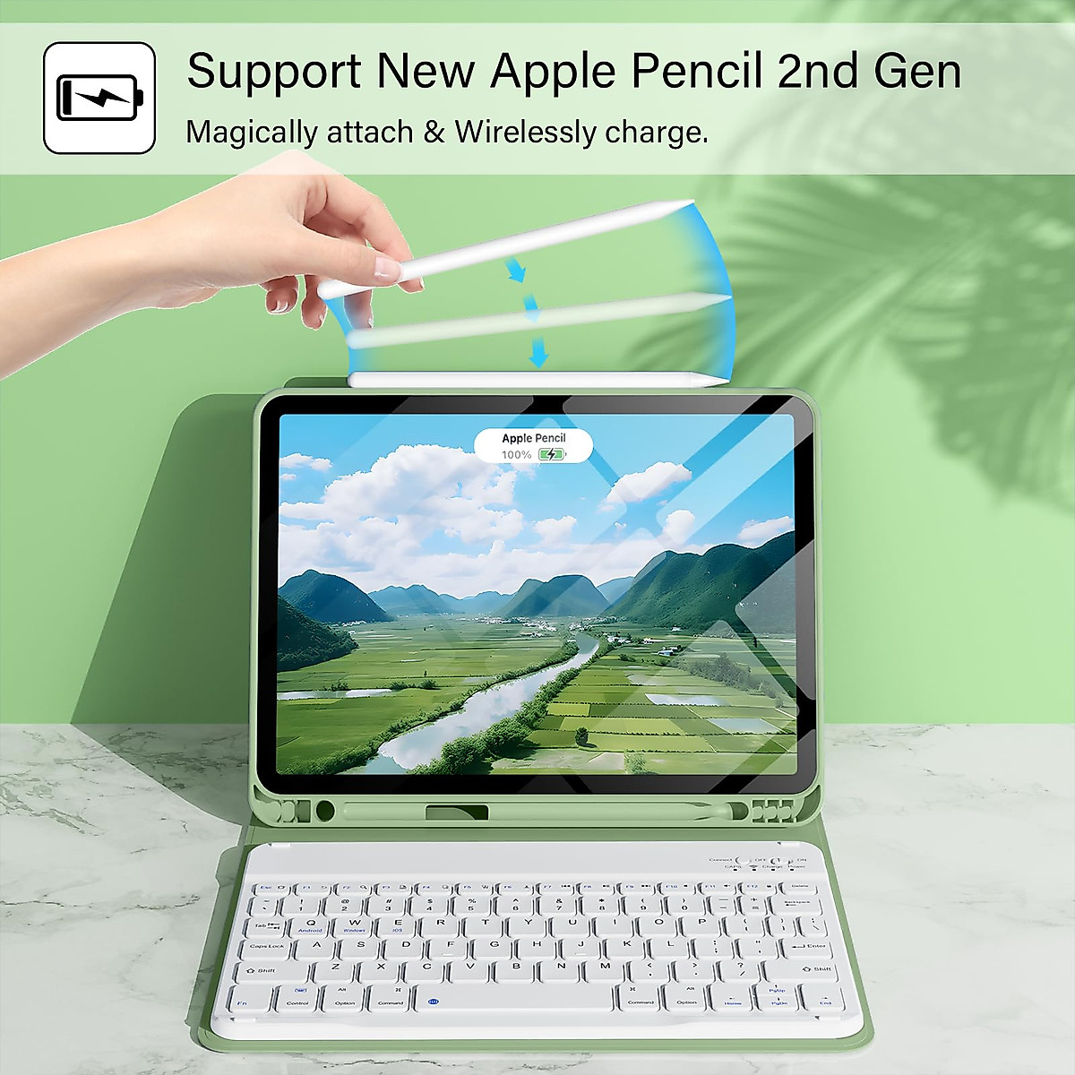 Aoub Case for iPad Air 6th 11-inch M2 2024, iPad Air 5th/4th Generation 10.9 inch 2022/2020, Stand Folio Detachable Wireless Bluetooth Keyboard Cover Soft TPU Back Case with Pencil Holder, Light Green