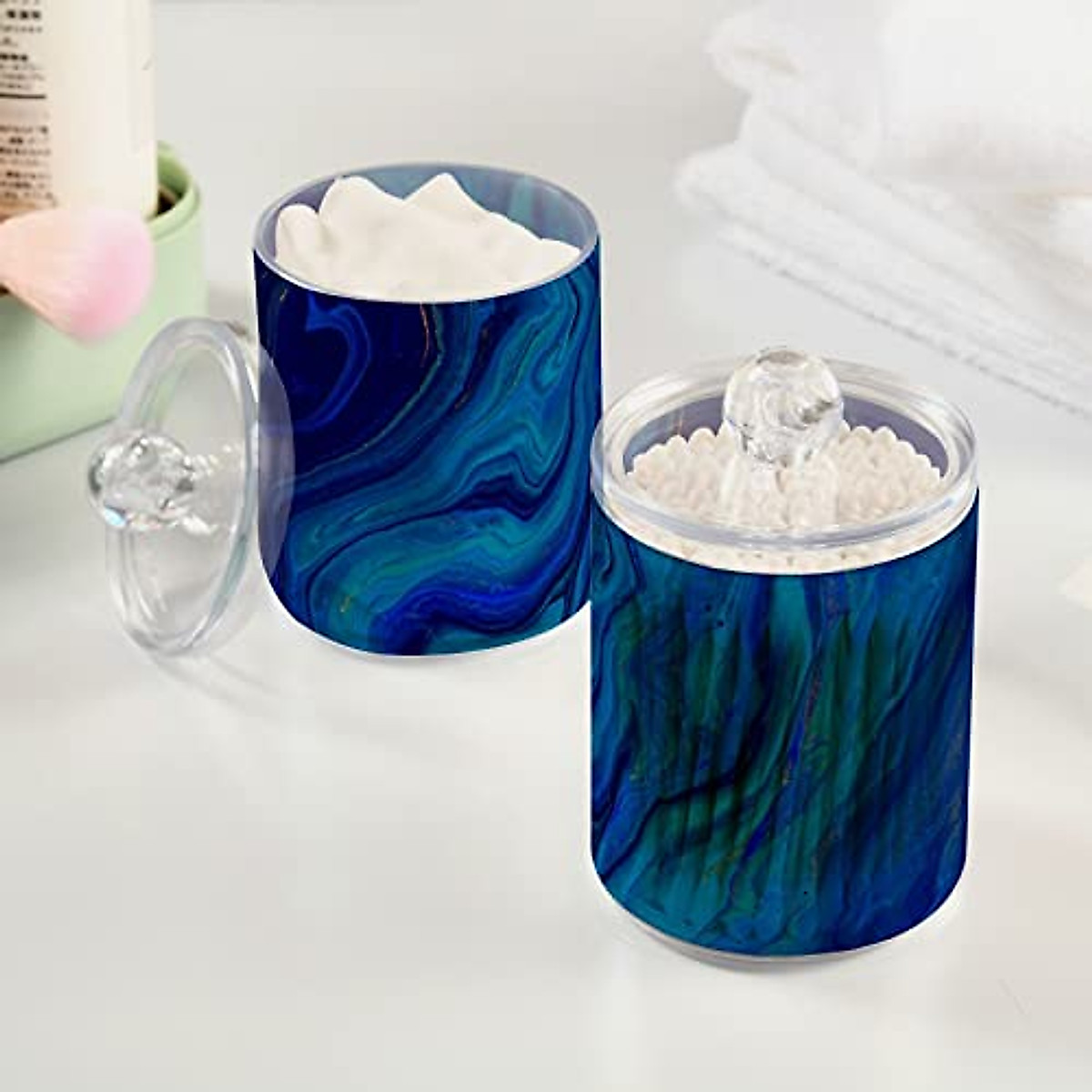 2 Pack Qtip Holder Organizer Dispenser Navy Blue Marble Bathroom Storage Canister Cotton Ball Holder Bathroom Containers for Cotton Swabs/Pads/Floss