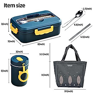 Jossens Bento Box Set,1100ML Leakproof Lunch Box Kit With Utensils,Breakfast Cup and Lunch Bag,3 Compartment Microwave Lunch Containers,BPA Free(Blue)