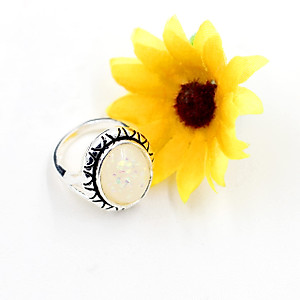 Uloveido Oval Cut Simulated White Fire Opal Split Shank Rings Halo Solitaire Wedding Birthstone Jewelry Women RA0309 (White, Size 10)