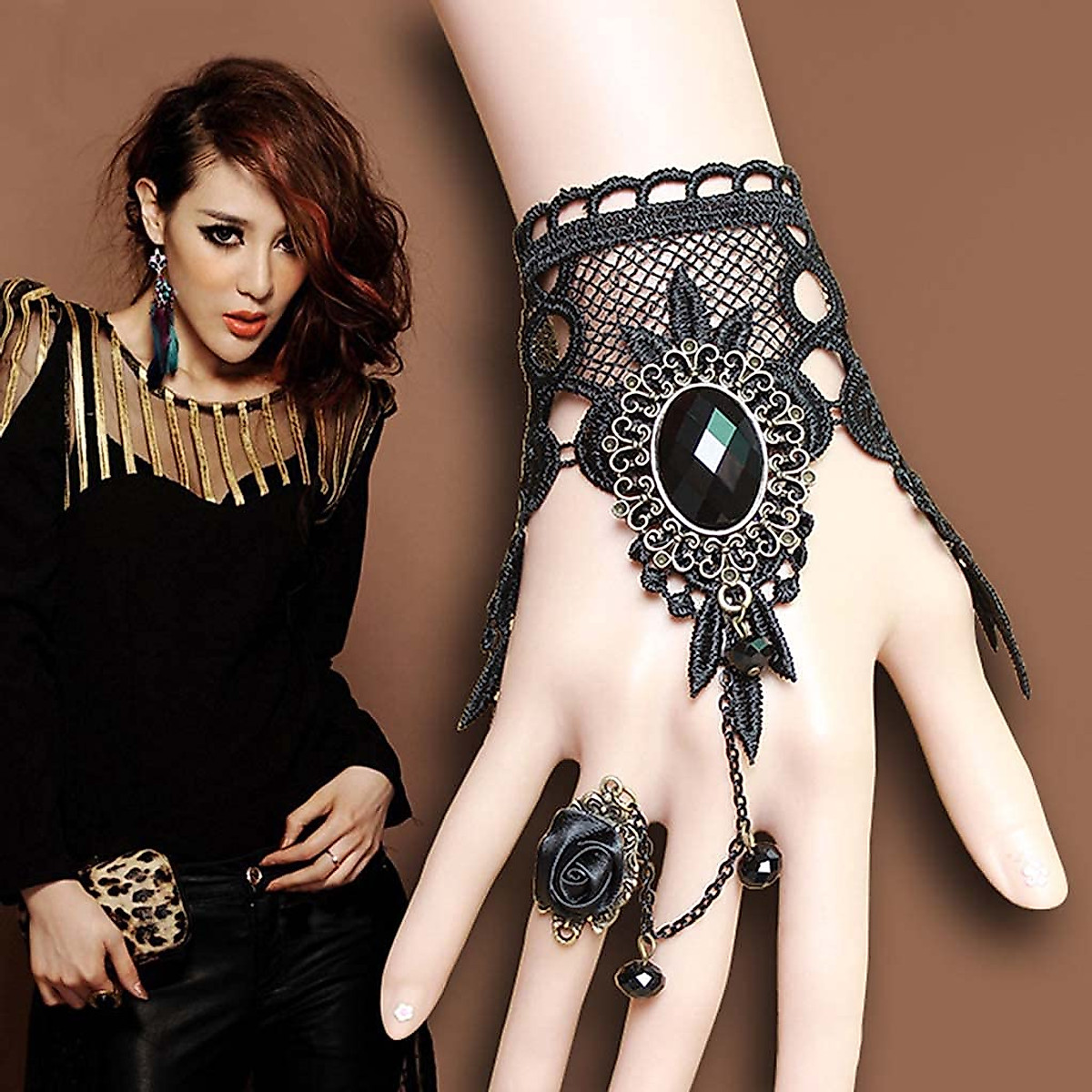 Daimay 4PCS Choker Lace Necklace with Bracelet Set Punk Party Gothic Vintage Handmade Victorian Steampunk Retro Gears Lace Vampire Bracelet Wristband for Halloween Easter – GS180+ GY120+E001