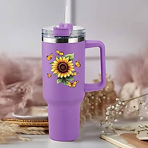 LB LEOBON 40 ounce insulated cup with handle, double-layer vacuum stainless steel material, equipped with straw, can keep warm or maintain cold drinks Spring Flowers Deep purple