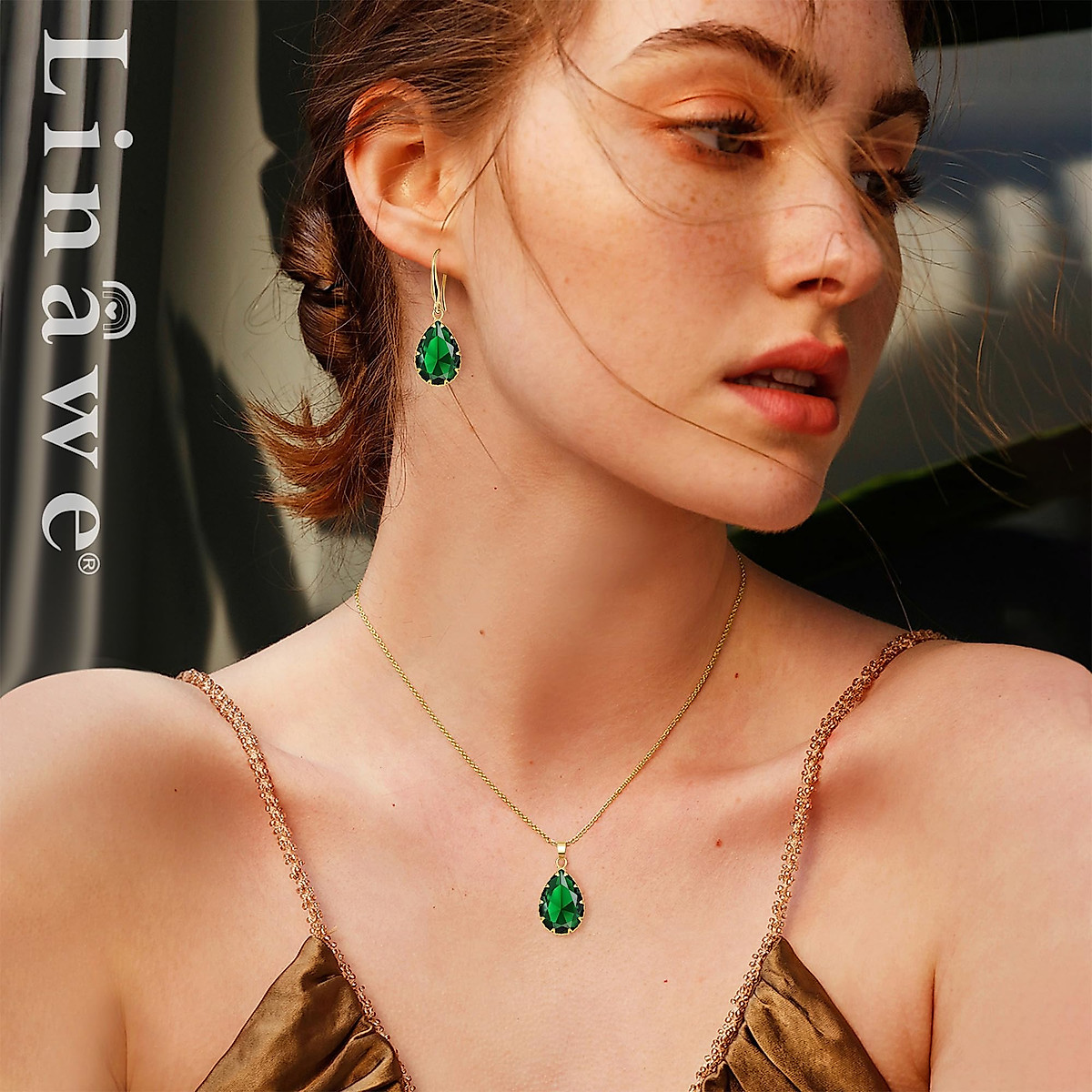 Linawe Emerald Crystal Jewelry Sets for Women, Gold Pendant Necklace Set, Green Diamond Drop Dangle Earrings Set, Boho Rhinestone Matching Jewelry for Wedding Bridal Bridesmaid