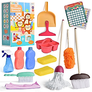 15 PCs Kids Cleaning Set, Play Cleaning Toy Set Includes Broom, Mop, Brush for Toddlers, Child Size Pretend Play House Cleaning Set, Housekeeping Supplies, Learning Toys, Birthday Gifts