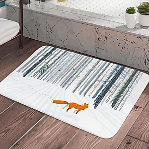 JAWO Winter Christmas Bath Mat Snow Covered Pine Trees Winter Season Animal Red Fox and Cardinals Idyllic Seasonal Scenery Bathroom Decor Bath Rug Non Slip Soft Rugs 29 x 17 Inches
