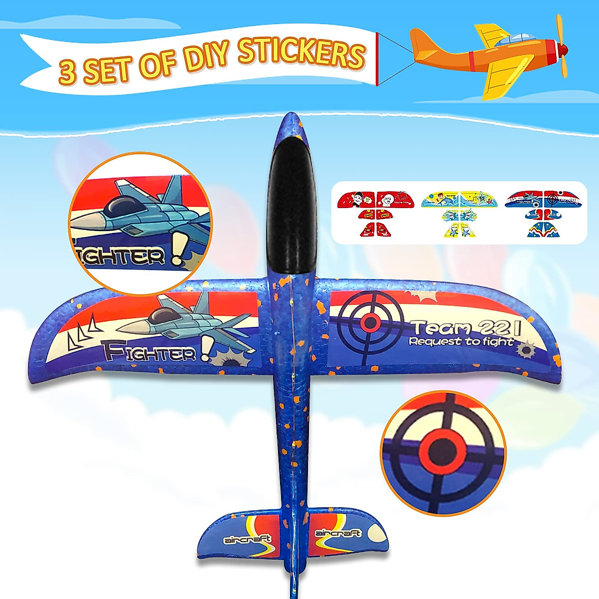 GNAlGNAt 3 Pack Foam Airplane Launcher Toys, Boys Outside Outdoor Flying Toys Birthday Gift for Kids Age 3+ 4 5 6 7 8 9 10 11 12 Year Old Boys Glider Plane Party Supplies with 3 Set of Stickers