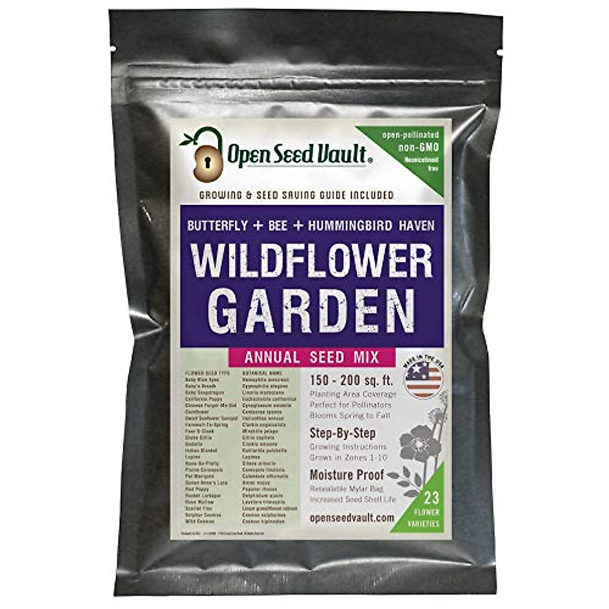 Variety Pack (23) of 64,000 Non GMO Wildflower Seeds for Bees, Hummingbird, Butterflies and Pollinators - with Growing Guide for Gardeners from Germination to Flowers - Bulk Seeds - by Open Seed Vault