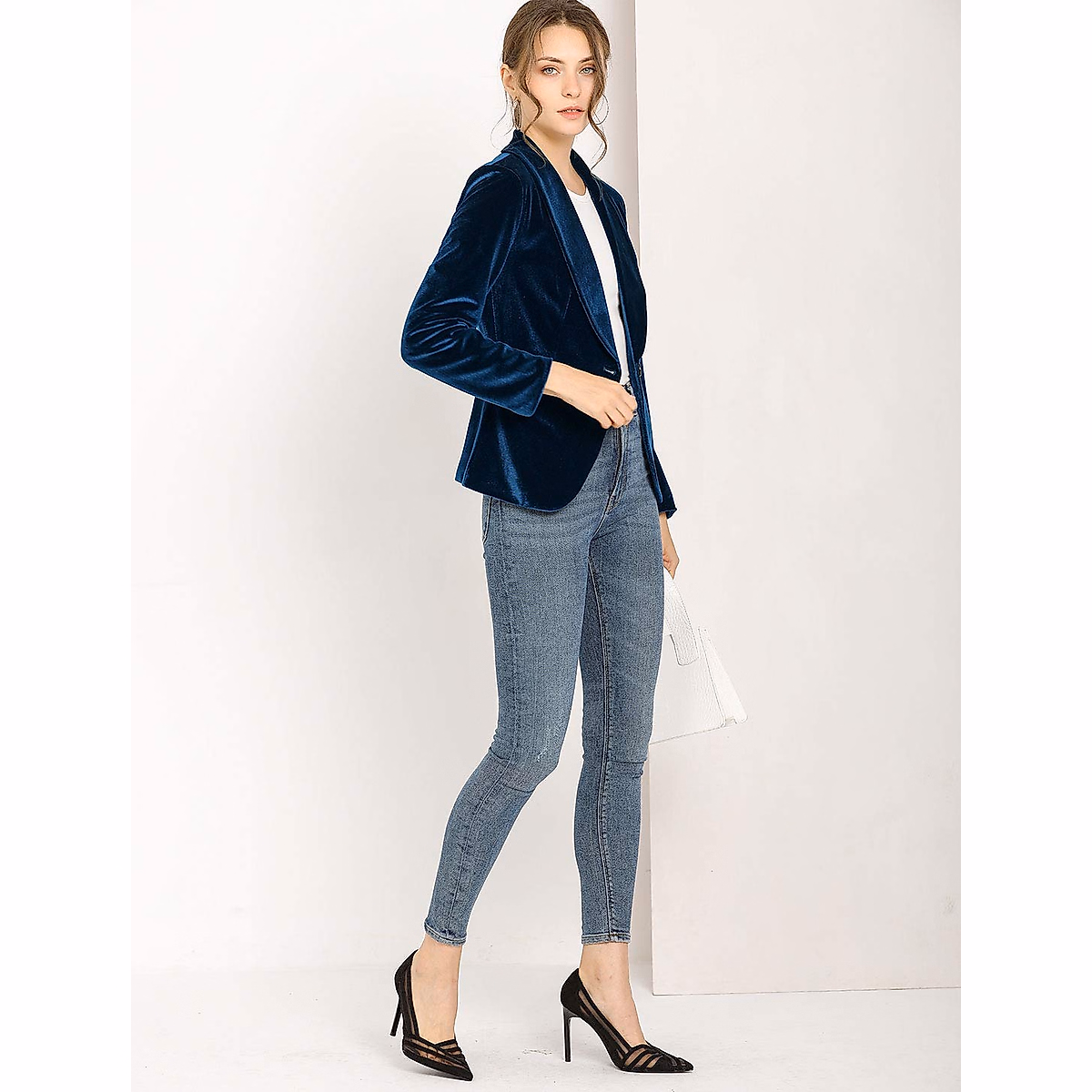 Allegra K Women's Christmas Office Coat Solid Shawl Collar 1 Button Velvet Blazer Medium Deep Blue