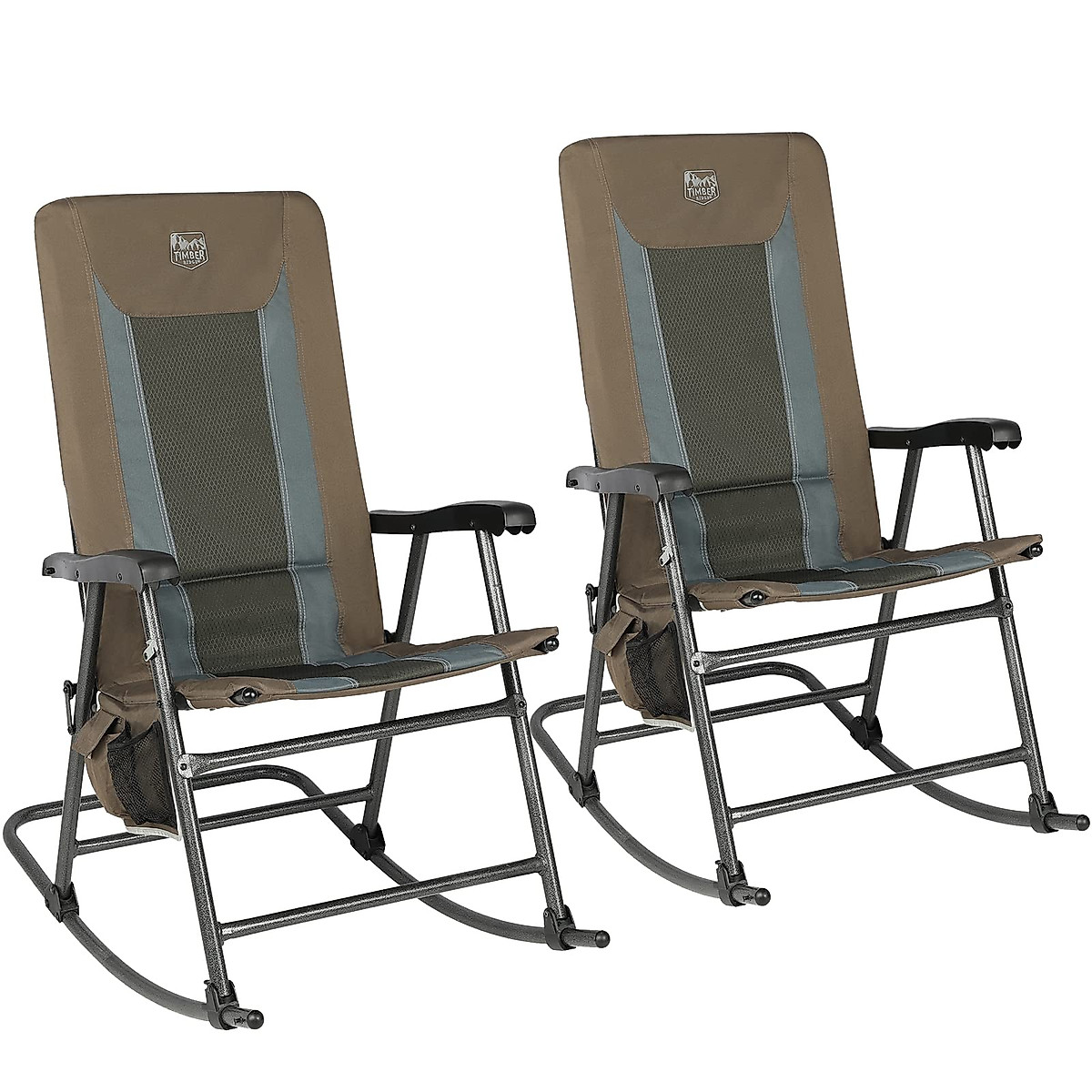 TIMBER RIDGE Foldable Padded Rocking Chair Set of 2 for Outdoor, High Back and Heavy Duty, Portable for Camping, Patio, Lawn, Garden, Yard or Balcony, Supports 300lbs, Brown