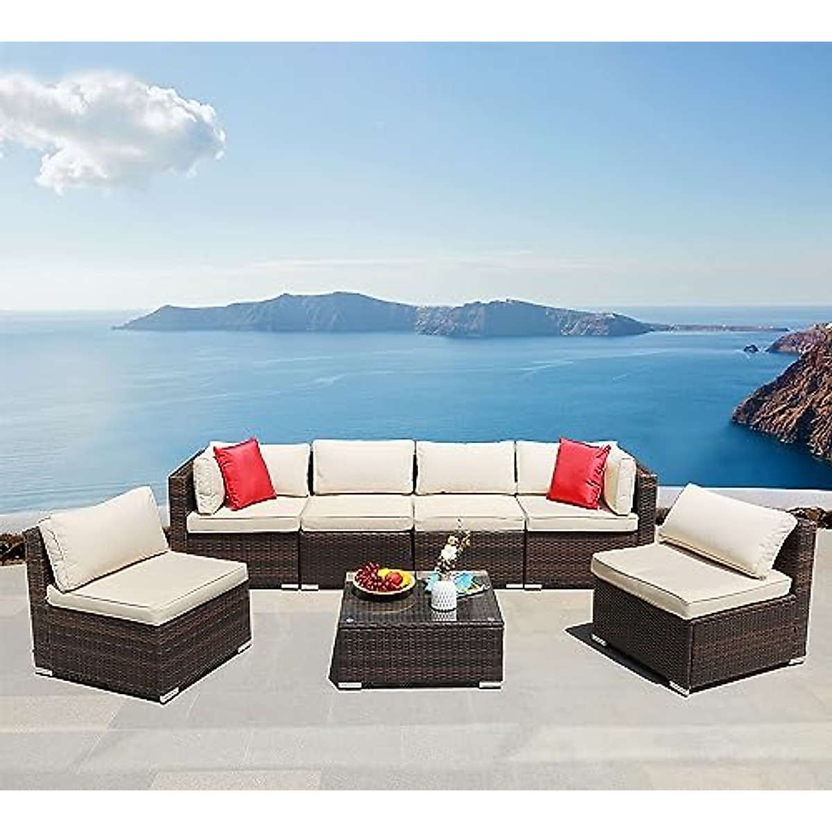 Patio Furniture Set - 7 Piece Wicker Furniture Sets - Patio Sectional Sofa All Weather Outdoor Sectional Patio Sofa - Brown PE Rattan Patio Conversation Set with Coffee Table and Beige Cushion