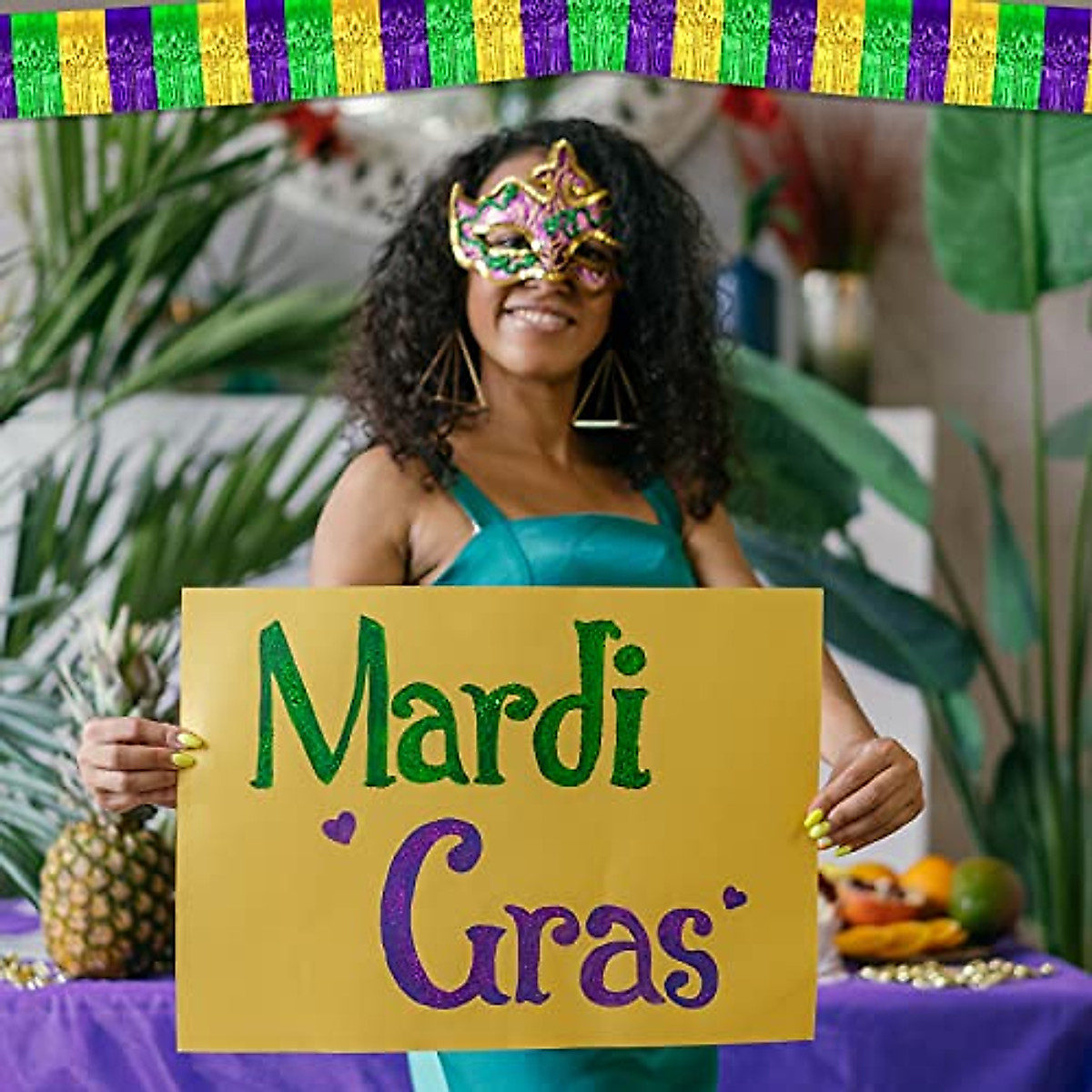 6 Pack 10 Feet Mardi Gras Foil Fringe Garland Metallic Tinsel Streamers Banner Wall Hanging Backdrop for Parade Floats, Bachelorette, Wedding, Birthday, Carnival Party Decorations(Gold Green Purple)