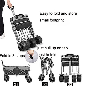 ASUMUI Outdoor Collapsible Wagon Portable Beach Cart,Adjustable Rolling Carts with Big Wheels/Two Chairs/Desktop,for Beach, Shopping (White)