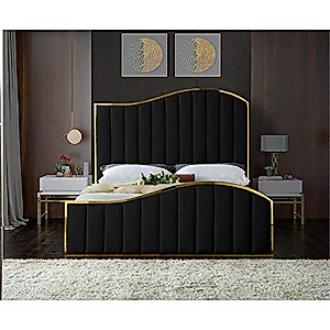 Meridian Furniture Jolie Collection Modern | Contemporary Velvet Upholstered Bed With Channel Tufting, And Polished Gold Metal Frame, Black, King