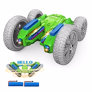 DEERC RC Stunt Car W/Flashing Lights,360 Degrees Tumbling & Rotating W/Novelty Luminous Words,4WD Drift High Speed RC Car,2 Sided Remote Control Car for Boys, 2.4G Crawler Toy Gifts for Kids