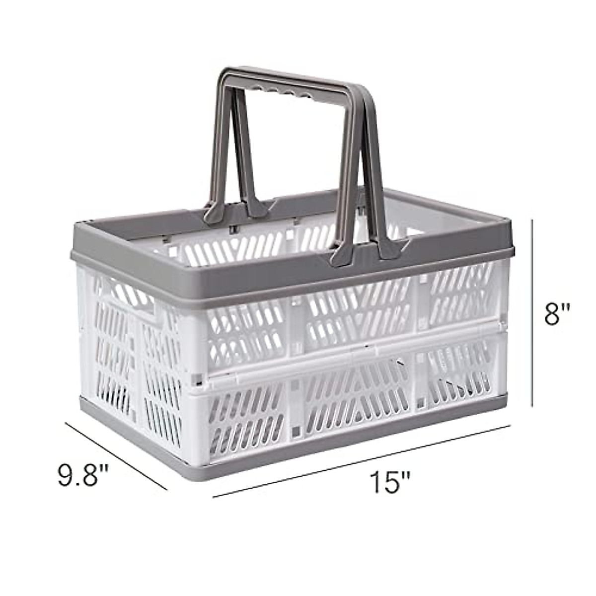 Kingrol 2 Pack Collapsible Crates for Storage, Plastic Baskets with Handles for Home Office Laundry Room Shelves Organizer, Portable Shower Caddy, 15 x 9.8 x 8 Inch, White/Gray