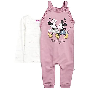 Disney Baby Girls' Minnie Mouse 2 Piece Overall Set - Fleece Romper Long Sleeve T-Shirt Set (Newborn/Infant), Size 18M, Minnie and Mickey