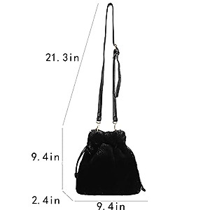 Van Caro Women’s Fashion Fuzzy Shoulder Bucket Purse Drawstring Bag Cross Body Bag, Black