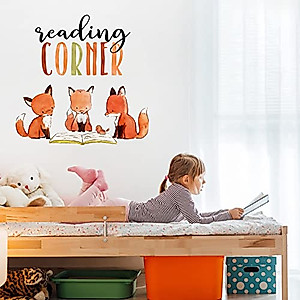 Mfault Foxes Reading Corner Baby Boys Girls Wall Decals Stickers, Removable Woodland Animals Read Books Nursery Playroom Decorations Bedroom Classroom Art, Bird Kids Library Toddler Room Decor