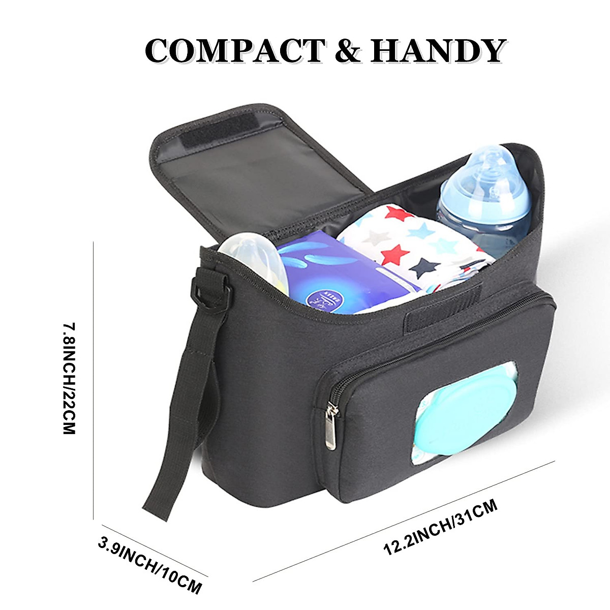 Baby Stroller Organizer - Stroller Accessories Bag Large Space with 2 Cup Holders Multiple Zipper Pockets for Bottle, Diaper, Phone, Toys - Universal Fit