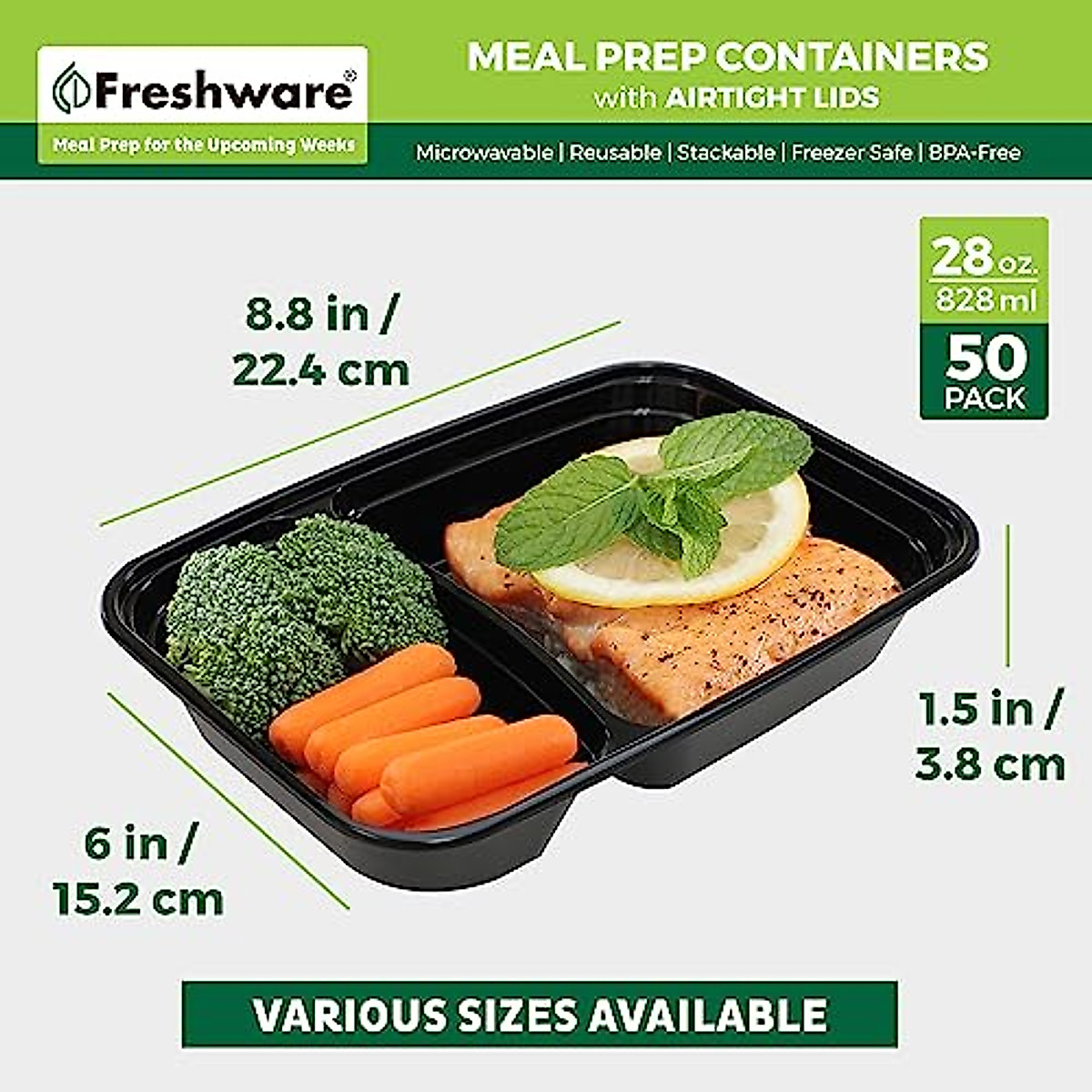 Freshware Meal Prep Containers [50 Pack] 2 Compartment with Lids, Food Storage Containers, Bento Box, BPA Free, Stackable, Microwave/Dishwasher/Freezer Safe (28 oz)