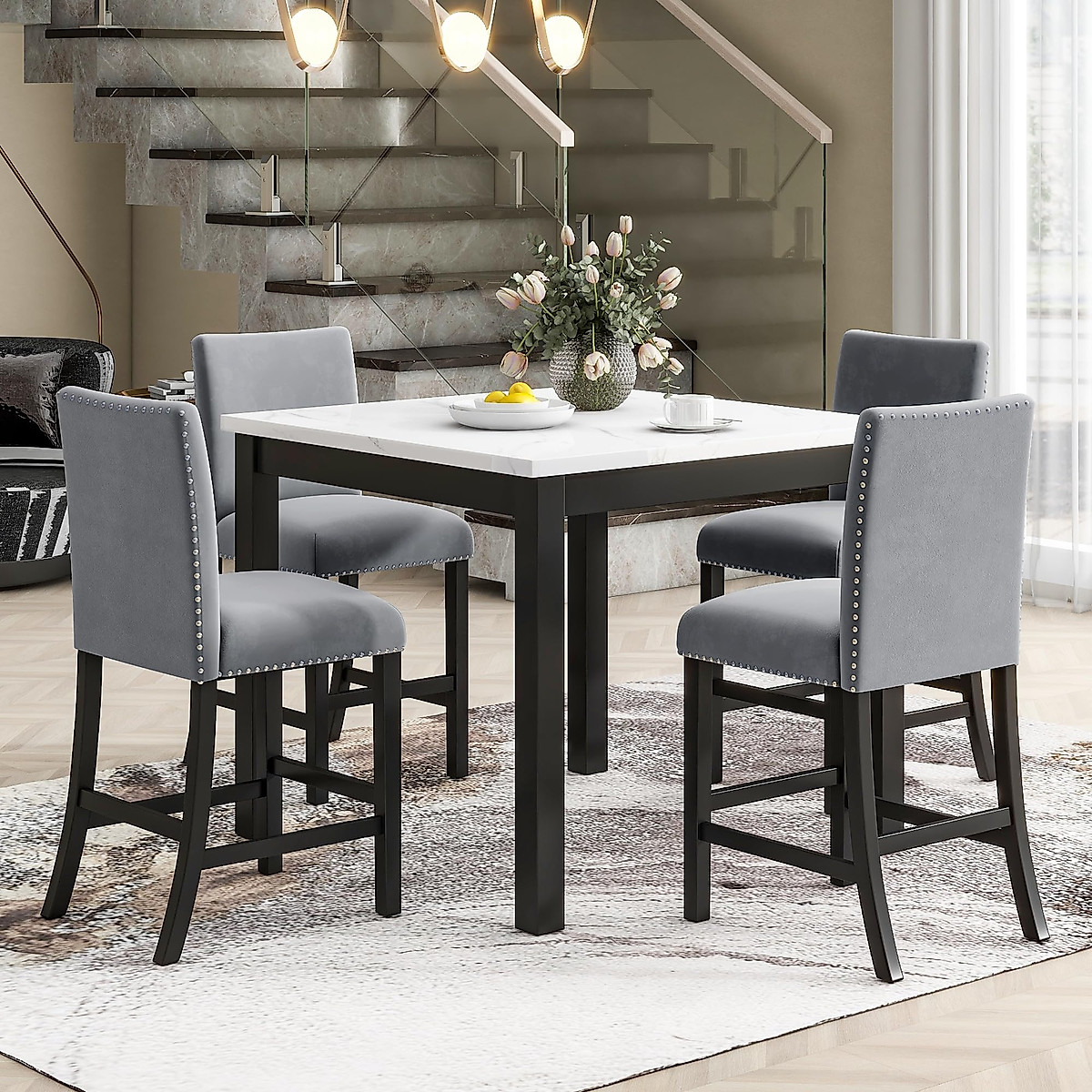 Counter Height Dining Table Set for 4, Farmhouse Kitchen Table Set with Faux Marble Tabletop and 4 Upholstered Chairs, Wooden Table and Chairs Set for Kitchen, Dining Room, Small Space, Grey