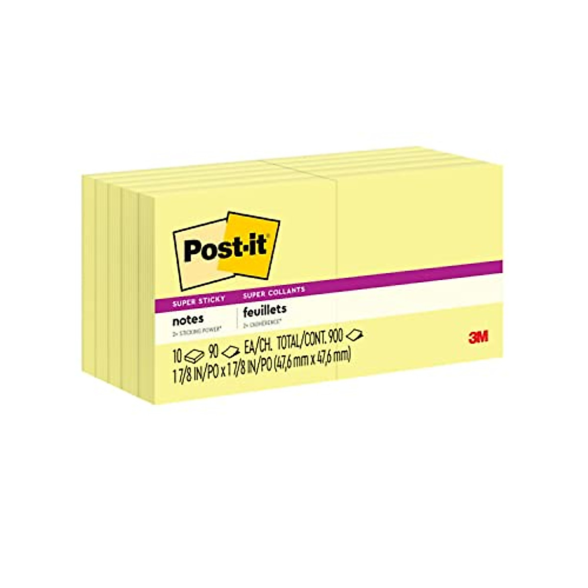 Post-it Super Sticky Notes, 3x3 in, 10 Pads, 2x the Sticking Power, Canary Yellow, Recyclable (654-10SSCY)
