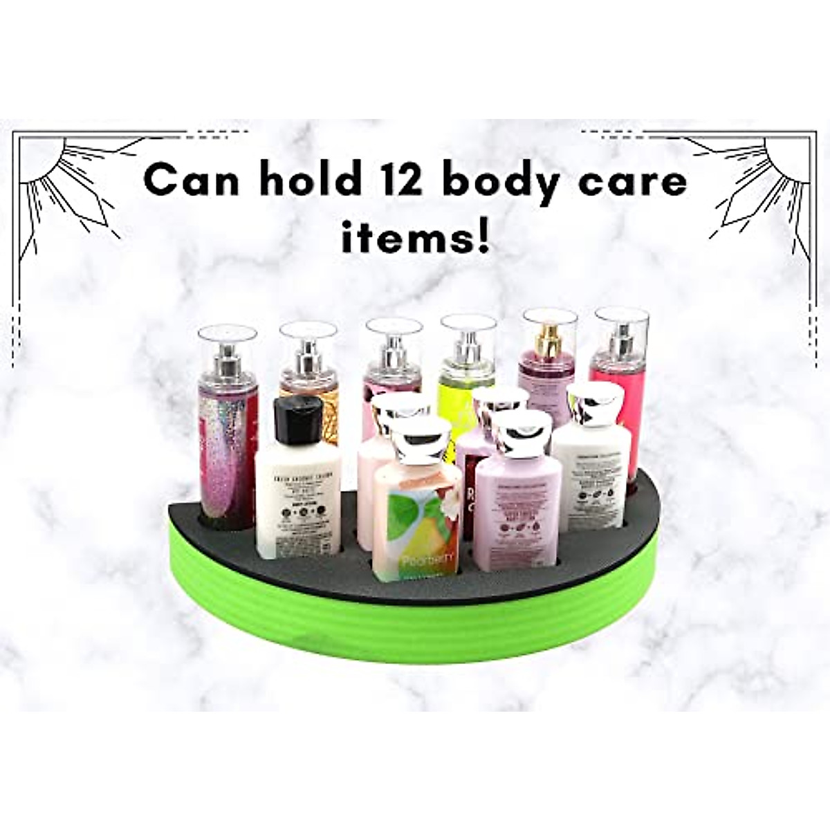 Polar Whale Lotion and Body Spray Stand Organizer Half Circle Large Tray Green Black Durable Foam Washable Waterproof Insert for Home Bathroom Bedroom Office 16.5 x 8.5 x 2 Inches 12 Slots