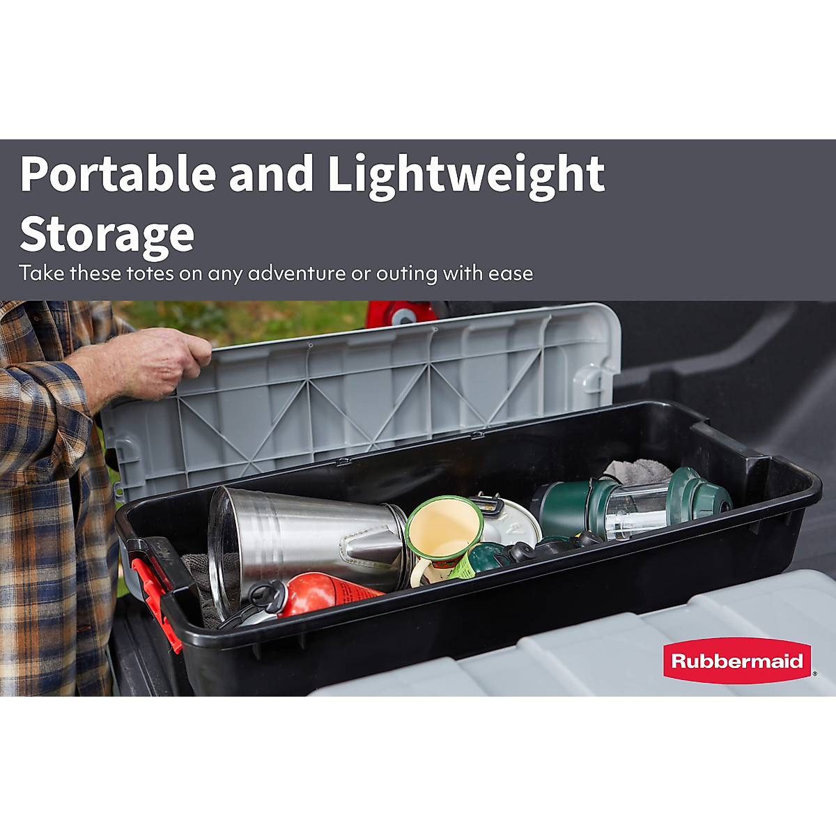 Rubbermaid Pack & Go 16 Gal Storage Tote, Durable Design and Easy to Transport, Built-In Handles, Tie Down Channels and Lockable Snap Tight Lid, Black Base with Gray Lid and Red Handles, Pack of 3