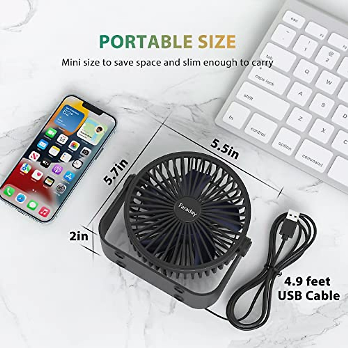 FARADAY Small Table Fans Bundle USB Desk Fans Personal Fan Ultra Quiet For Home Bedroom Office Desktop, 3 Speeds, Black