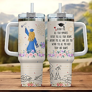 99OWL Graduation Gifts, Tumbler 40 Oz With Handle Lid And Straw, Congrats Graduation Memorial, Gold Royal Of Senior Handle Floral Heart Class Light Teal Flower Tumblers Rose Navy