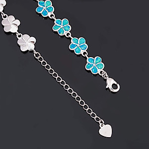 CiNily Sterling Silver Plated Blue Opal Flower Bracelet-Plumeria Hawaiian Flower Link Tennis Bracelet for Women October Birthstone Bracelet