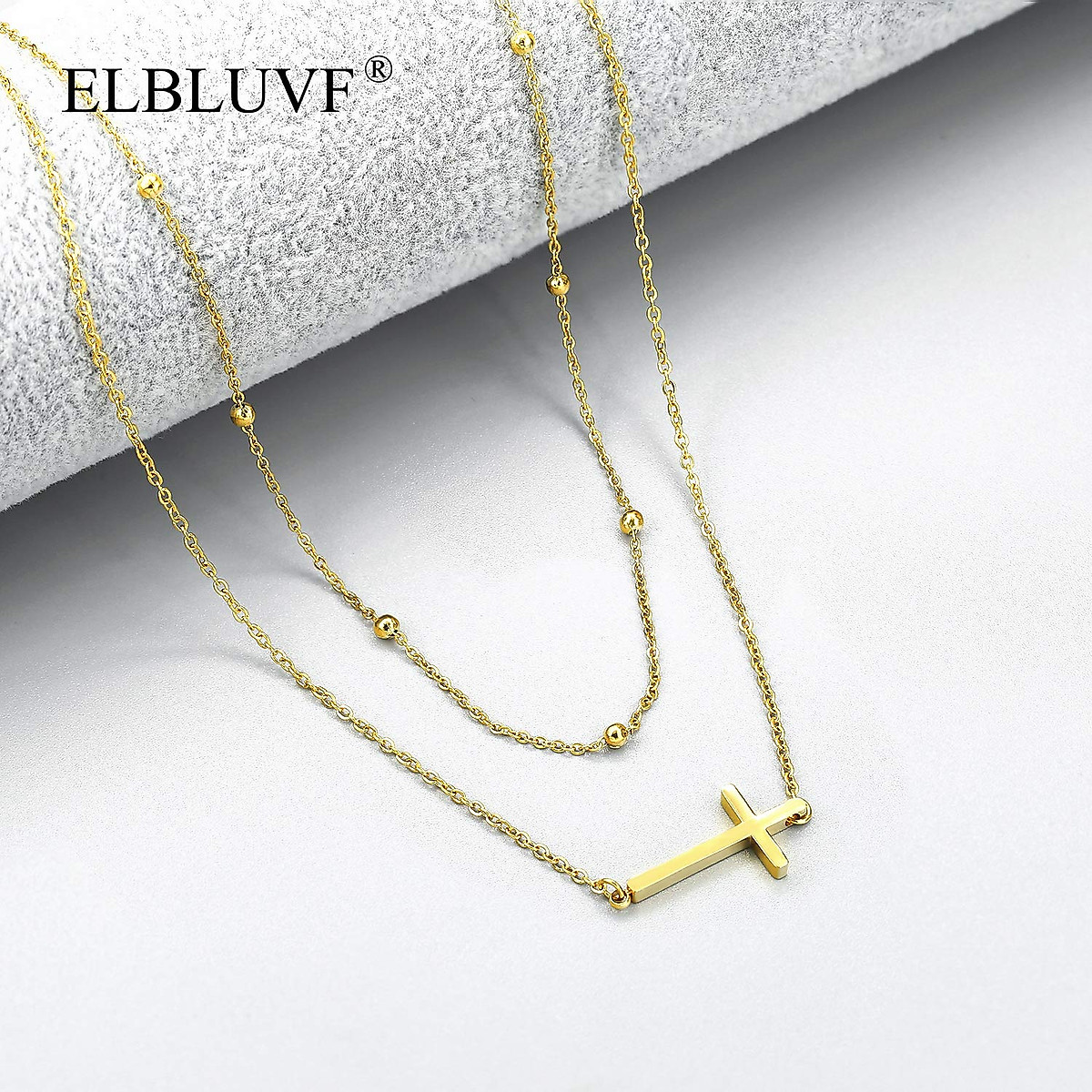ELBLUVF Stainless Steel Gold Rose Gold Silver Plated Dainty Beads Sideways Cross Double Layers Necklace For Women (Gold 2 layers cross)