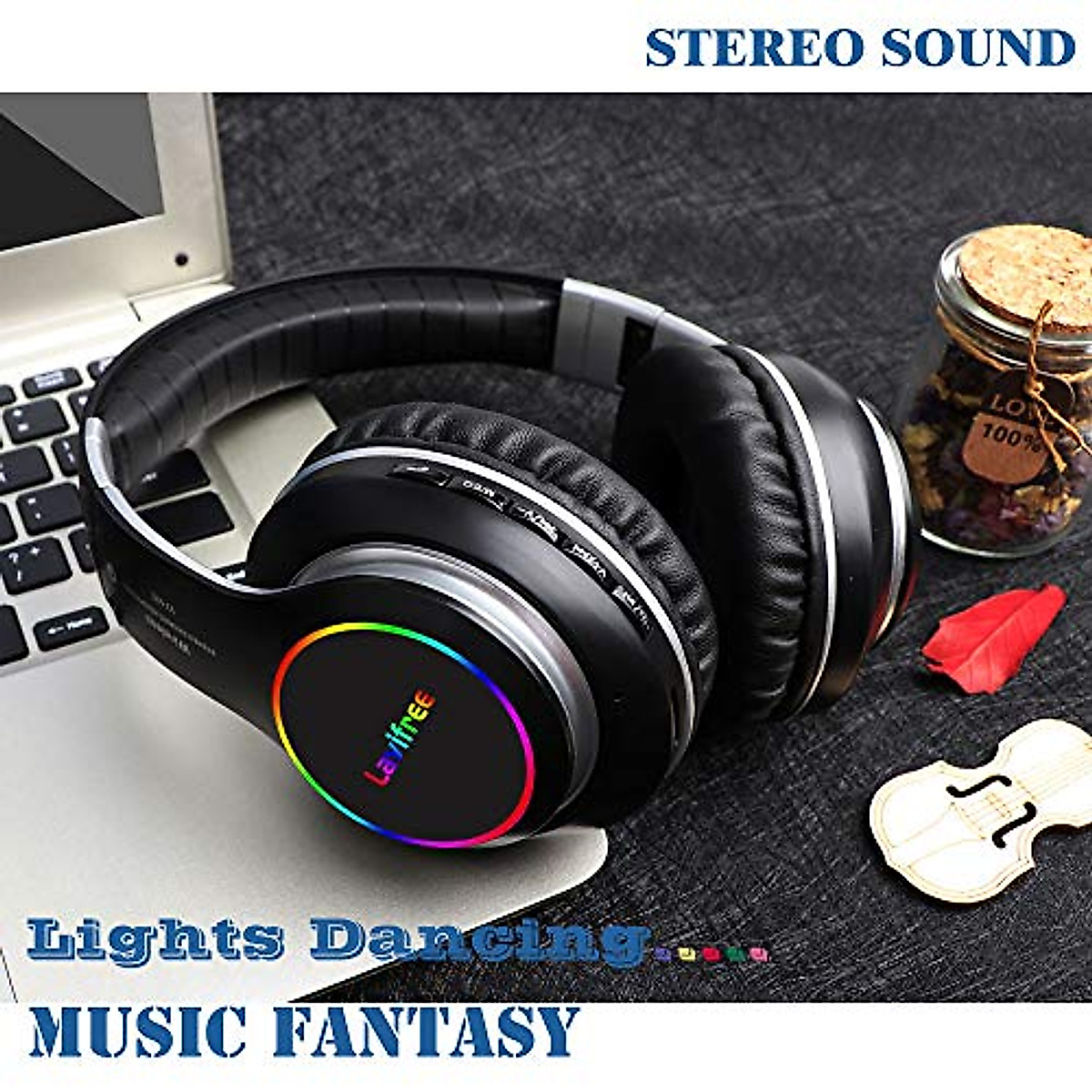 Bluetooth Headphones,Wireless/Wired Over Ear Headset,Hi-Fi Bass Stereo, Built-in Mic,LED Light Up,Foldable,Micro SD/TF, FM for Adult Teen Kid for Phone/Samsung/Pad/PC/Android/Laptop/TV(Black)