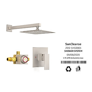 SunCleanse Shower Faucet Set with Valve, 8 Inch Square Shower Head and Handle Set, Single Handle Shower Trim Kit with Extra Long Shower Arm, Brushed Nickel