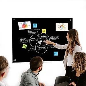 QUEENLINK Black Dry Erase Board, 4' x 3' Magnetic Glass Whiteboard for Wall,48" x 36" Large Black Glass Magnetic Board with 1 Marker Tray and 3 Magnets for Office, Home, Classroom