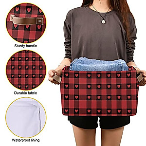 senya Valentine's Day Basket with Handles, Valentine's Day Red Buffalo Check Love Heart Foldable Fabric Collapsible Storage Bins Organizer Bag for Storage Clothes