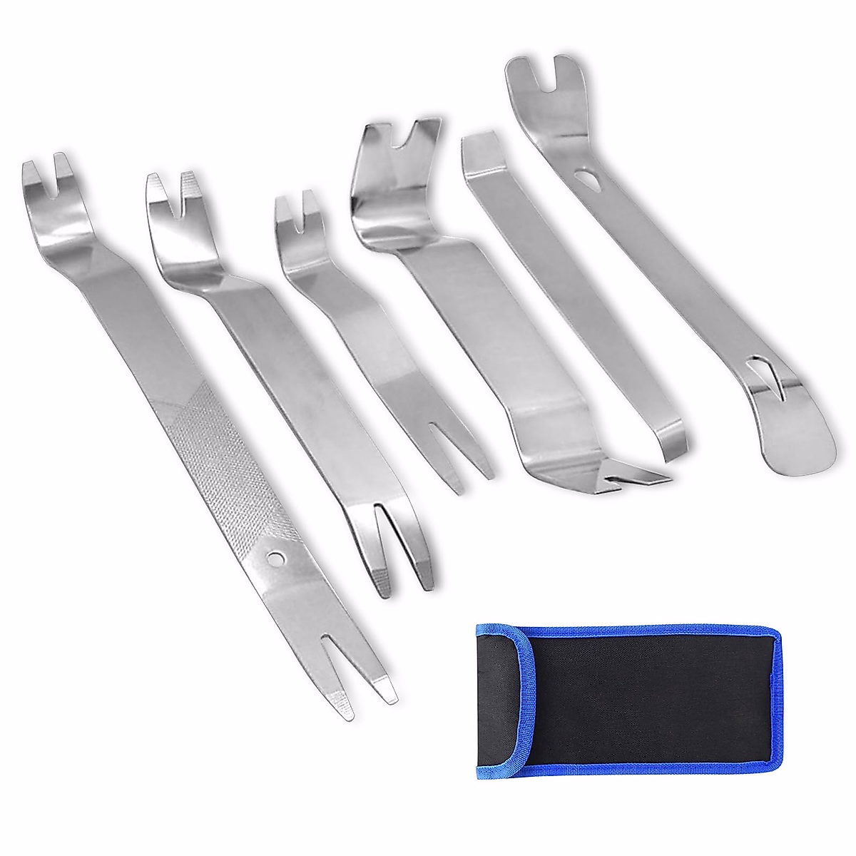 6pcs Metal Trim Removal Tool, Auto Fastener Remover Set Pry Tool Kit, Stainless Steel Universal Clip Pry Tools for Car Door Panel Audio Stereo Fastener Remover, Interior Exterior Trim Tools