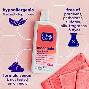 Clean & Clear Essentials Dual Action Oil-Free Facial Moisturizer, Salicylic Acid Acne Treatment with Pro-Vitamin B5 Moisturizes While Treating Acne & Helping to Prevent Pimples, 4 fl. Oz (Pack of 3)