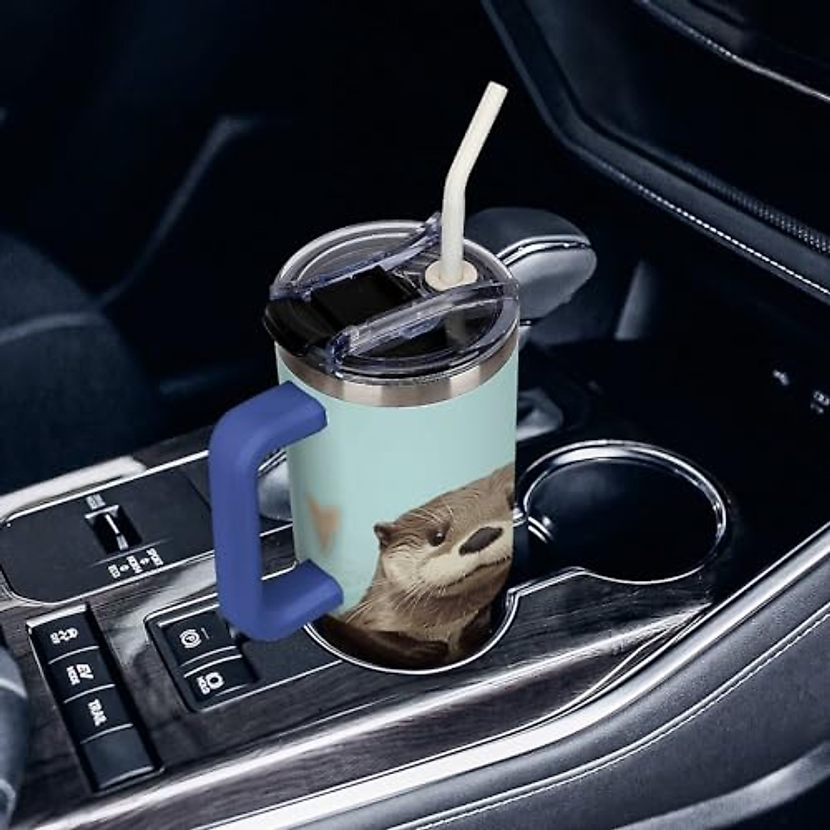 LLUTSNTH 40 Oz Vacuum Tumbler with Deep Blue Handle Leakproof Insulated Tumbler Cute Otter Stainless Steel Travel Mug with Lid And Straw Coffee Cup Cute Water Bottles Cup Holder Friendly