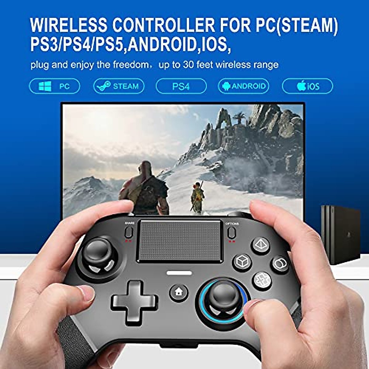 GCHT GAMING Wireless Pro Controller for PS4/PS4 Slim/PS4 Pro Compatible PC, Steam, Android and iOS, MAC, with Back Buttons, Turbo, Vibration, Game Joystick Gamepad Wireless/Wired (Dark Black)