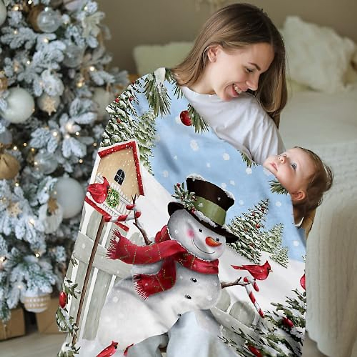Christmas Fleece Blanket for Bed, Snowman and Birds Flannel Throw Blanket for Kids and Adults - Super Soft Plush Snowman Blanket Throw Plush Blanket for Snow Lovers 40X50 Inches
