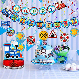 Train Birthday Themed Party Decorations Set, Happy Banner Train, Train Centerpiece, with 6 Pieces Train Hanging Swirl Decoration for Train Honeycomb Birthday Baby Shower Party Supplies