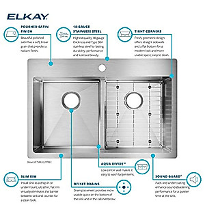 Elkay Crosstown ECTSRA33229TBG1 Equal Double Bowl Dual Mount Stainless Steel Kitchen Sink Kit with Aqua Divide
