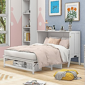 BIADNBZ Queen Size Murphy Cabinet Bed Frame with Built-in Charging Station and a Shelf/Desk, Wooden Foldable Platform BedFrame for Bedroom/Guest Room Dorm, White