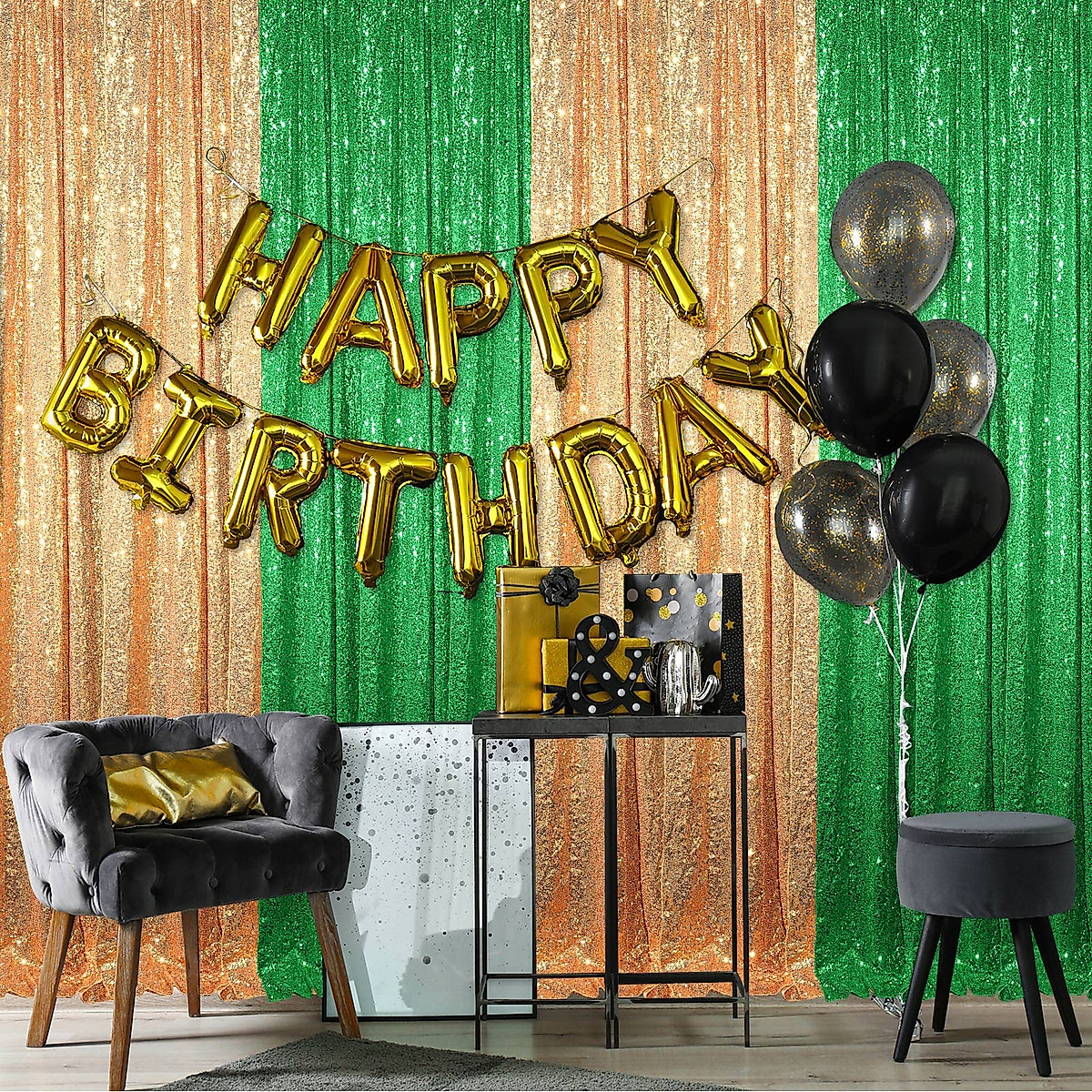 4 Panels Green Gold Sequin Backdrop Curtain 2 ft x 8 ft Glitter Background Sparkle Photography for Party Congrats Grad Graduation Party Decorations, Birthday, Wedding