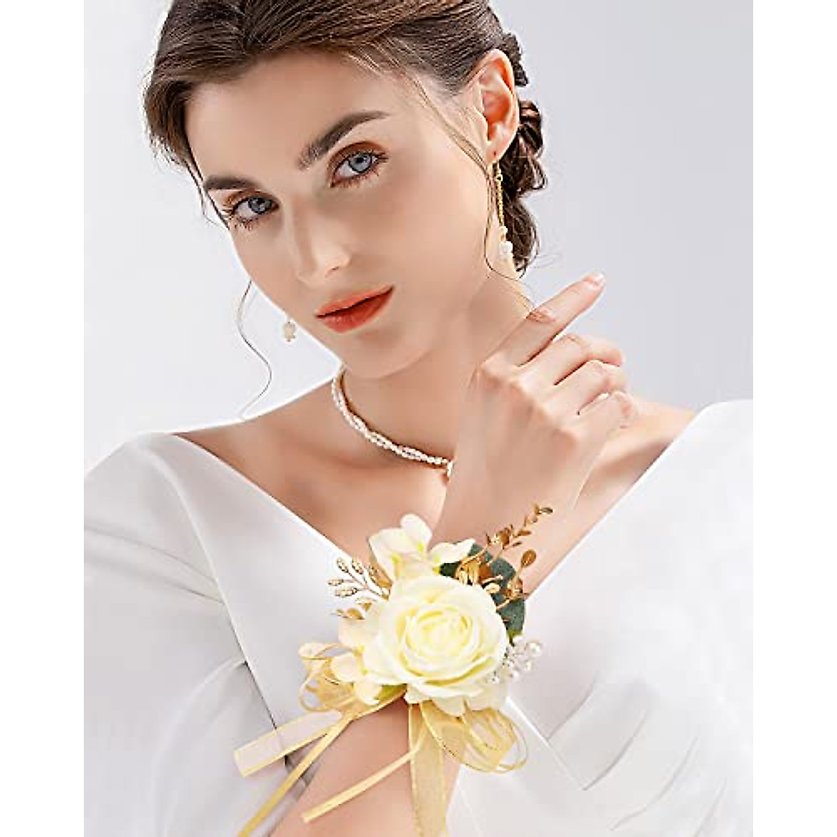Rose Wrist Corsage and Boutonniere Set Artificial Corsage Wristlet Bracelet for Wedding Decorations Prom Ceremony Accessories (2pcs, Champagne)